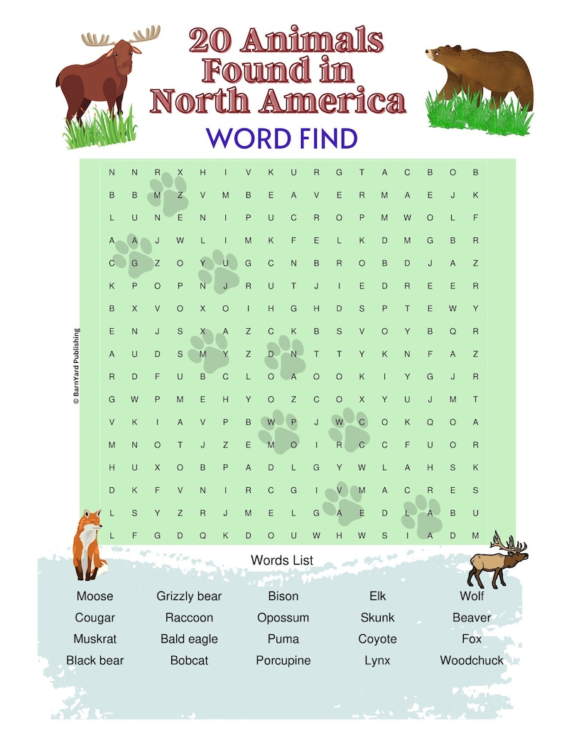 Printable Word Find - 20 Animals Found in North America , 1 Color ...
