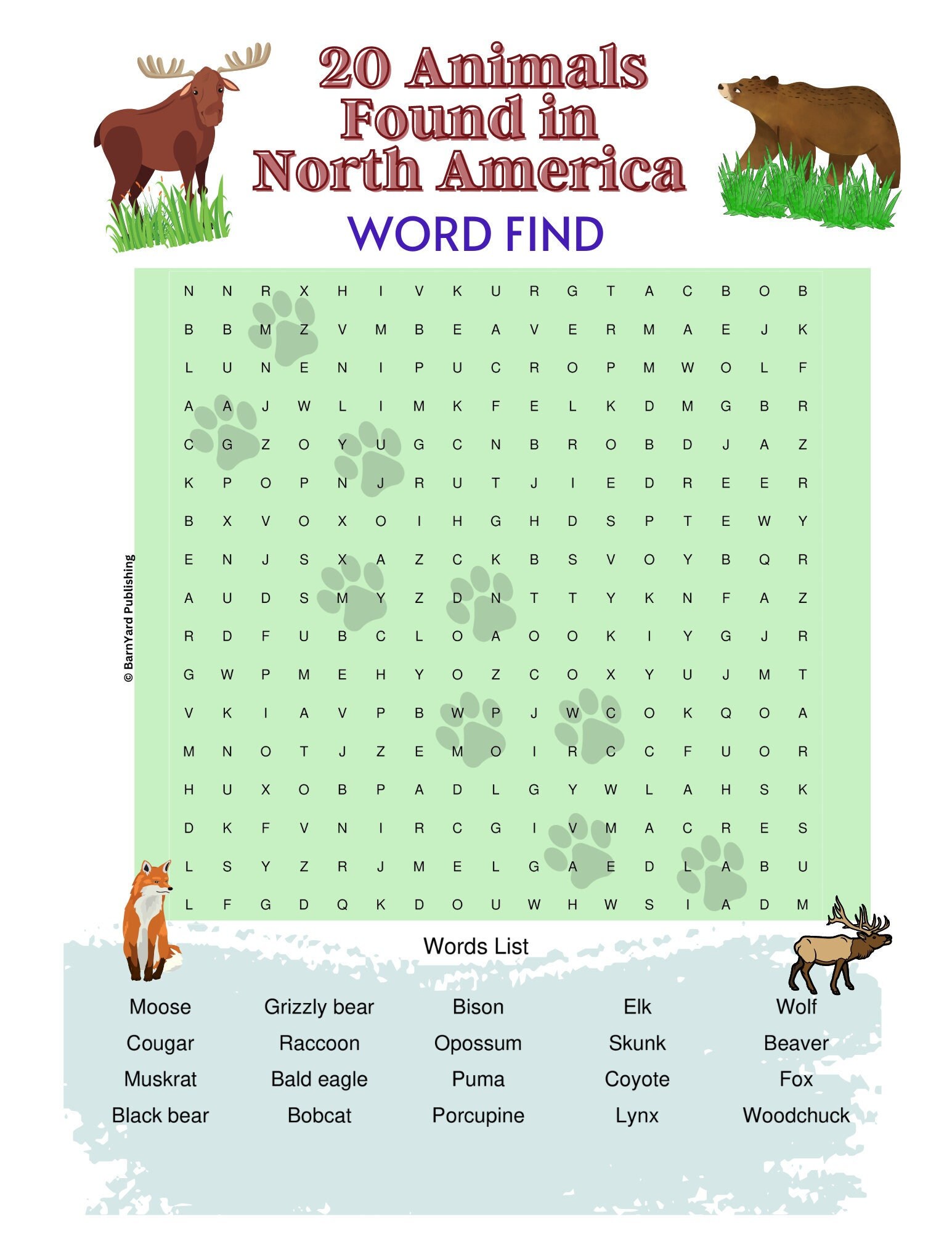 Printable Word Find - 20 Animals Found in North America , 1 Color ...