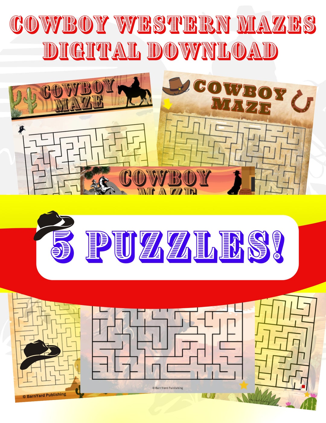 5 Printable Cowboy Western Mazes Puzzle Pack - Digital Activity for ...