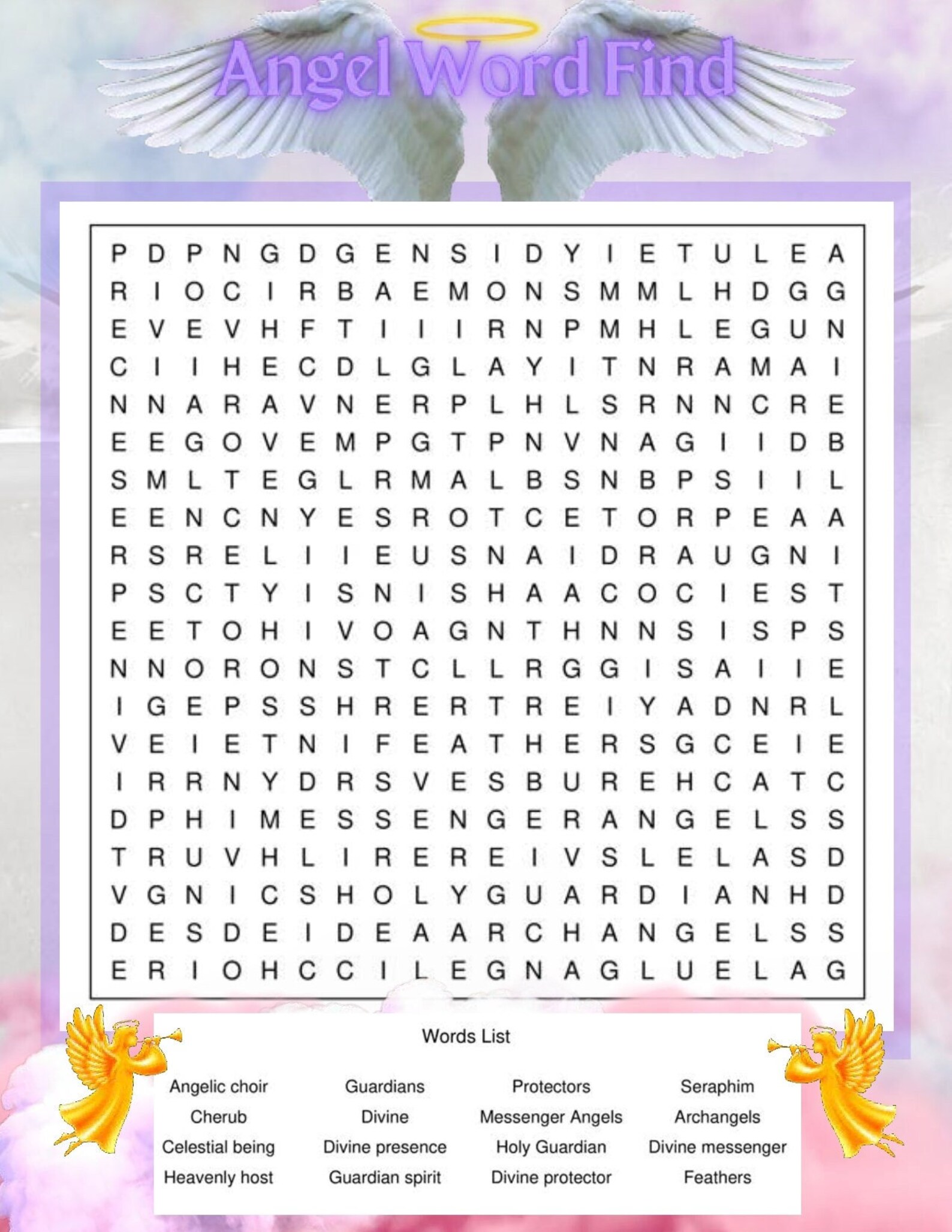Angel Word Search - 8.5" X 11" - 1 Puzzle + 1 Answer Printable Game and ...