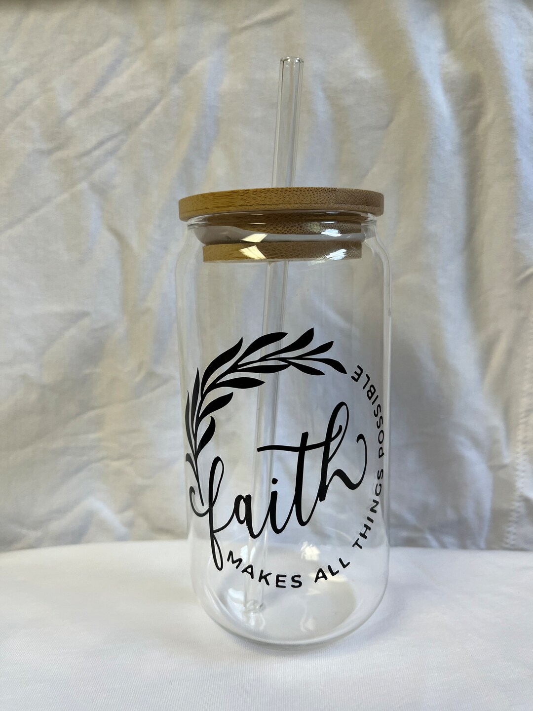 FAITH Glass Cup With Bamboo Lid and Glass Straw - Etsy