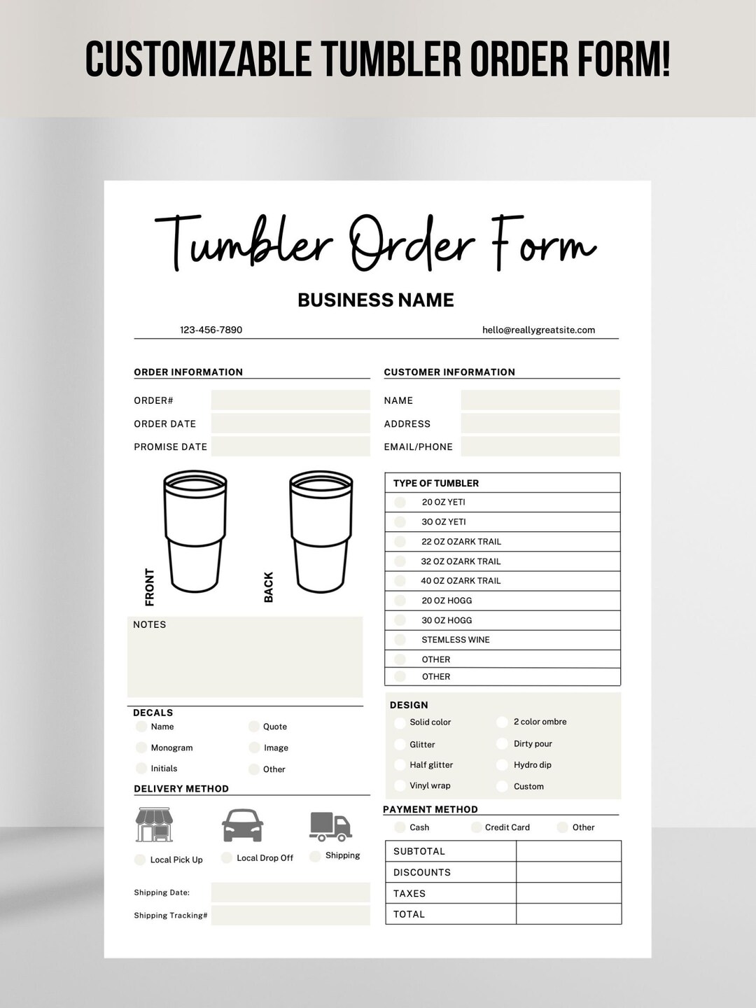 Tumbler Order Formorder Form Templatecustom Order Formtumbler Order ...