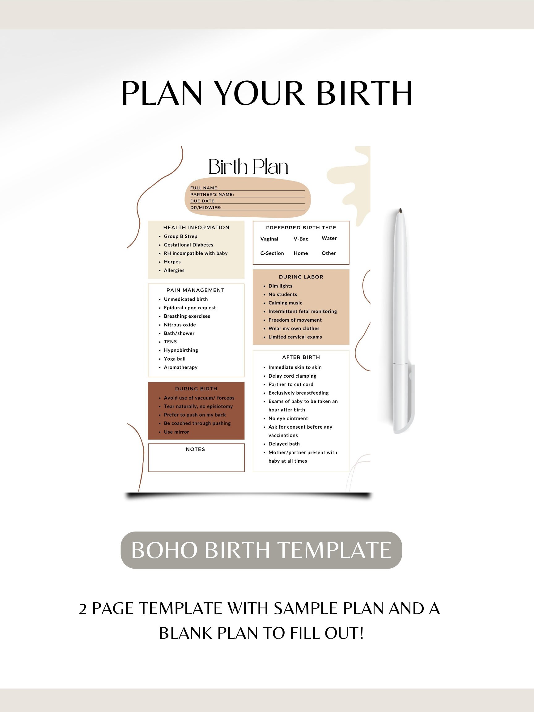 Birth Plan Template|birth Plan|birth Plan Template Editable|visual ...