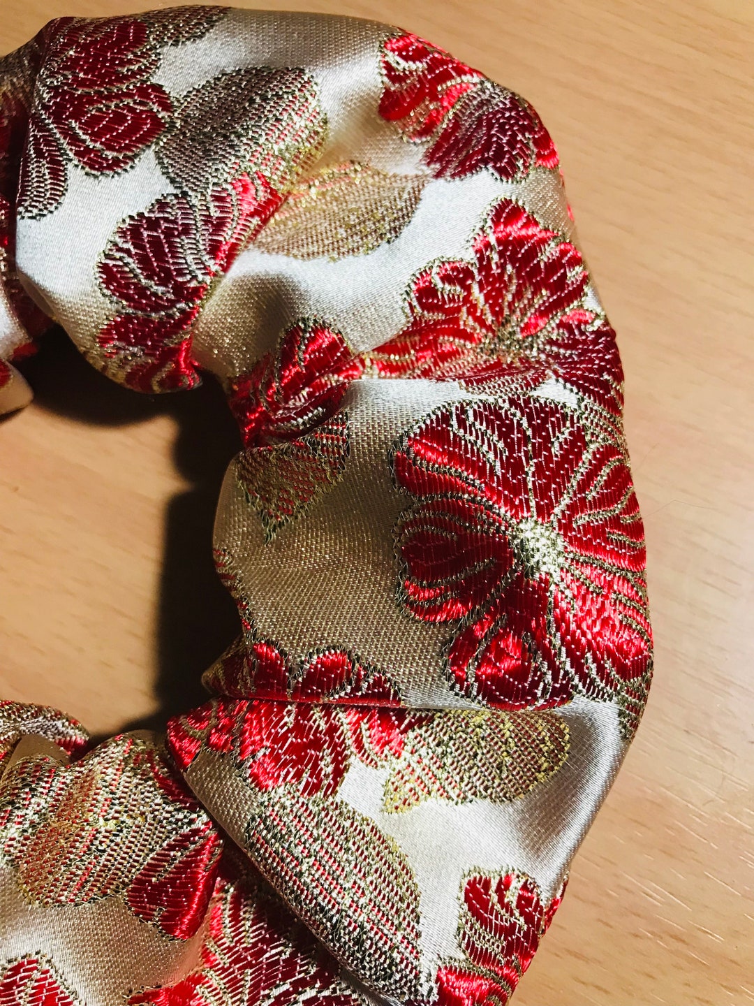 Handmade Hair Scrunchie Ruby Red and Gold Floral Woven Brocade, Bobble ...