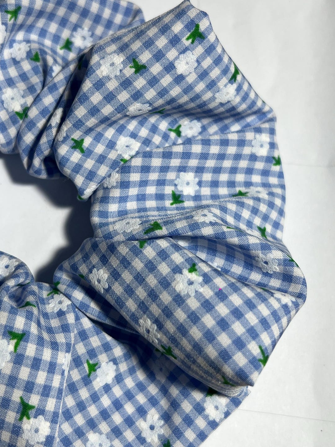 Handmade Hair Scrunchie, Blue and White Small Gingham Check With Ditsy ...