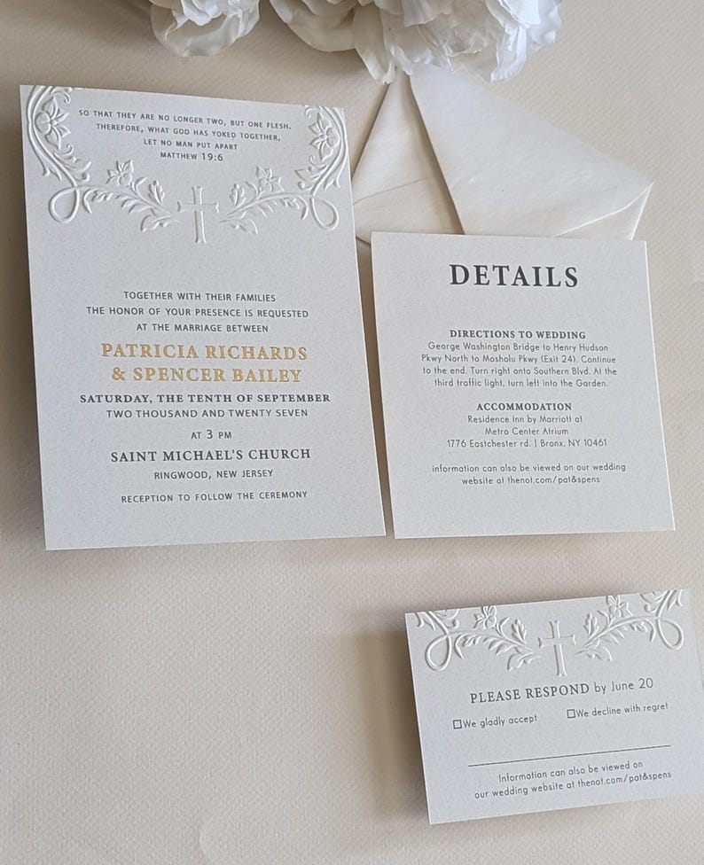 Embossed Floral Cross Wedding Invitation, Modern Religious Design - Etsy
