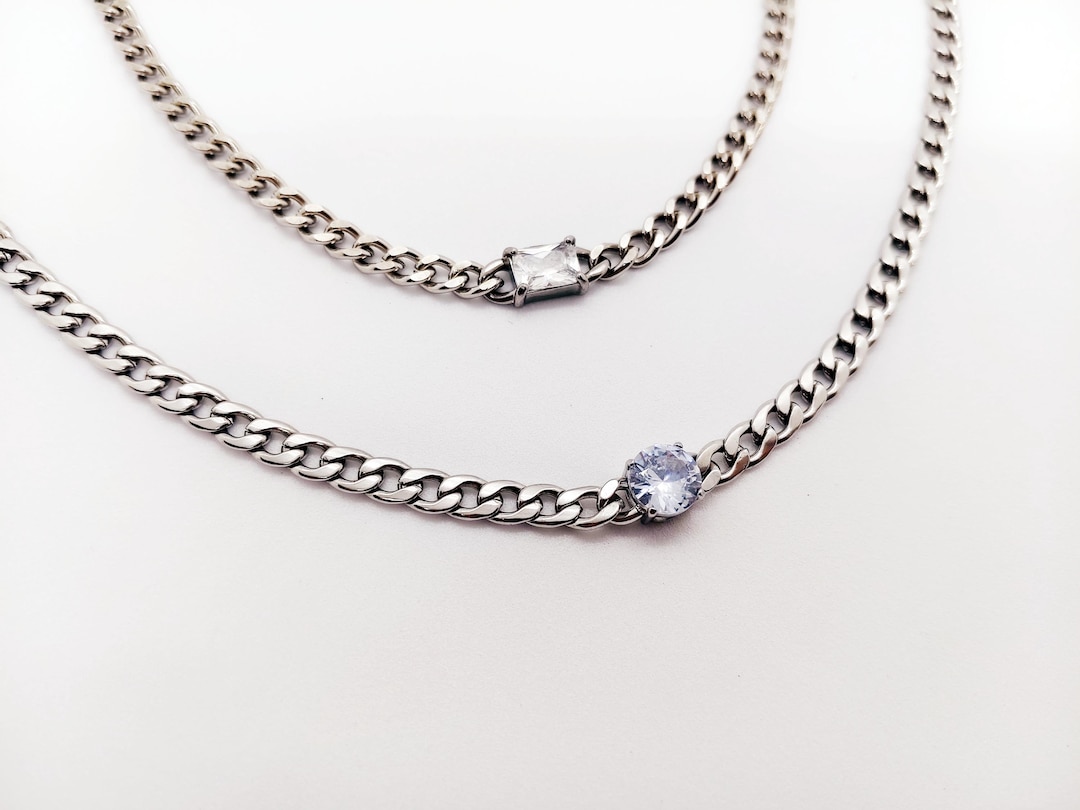 Silver 5mm Curb Chain Necklace | Shiny White Blue Rhinestone Pendant ...