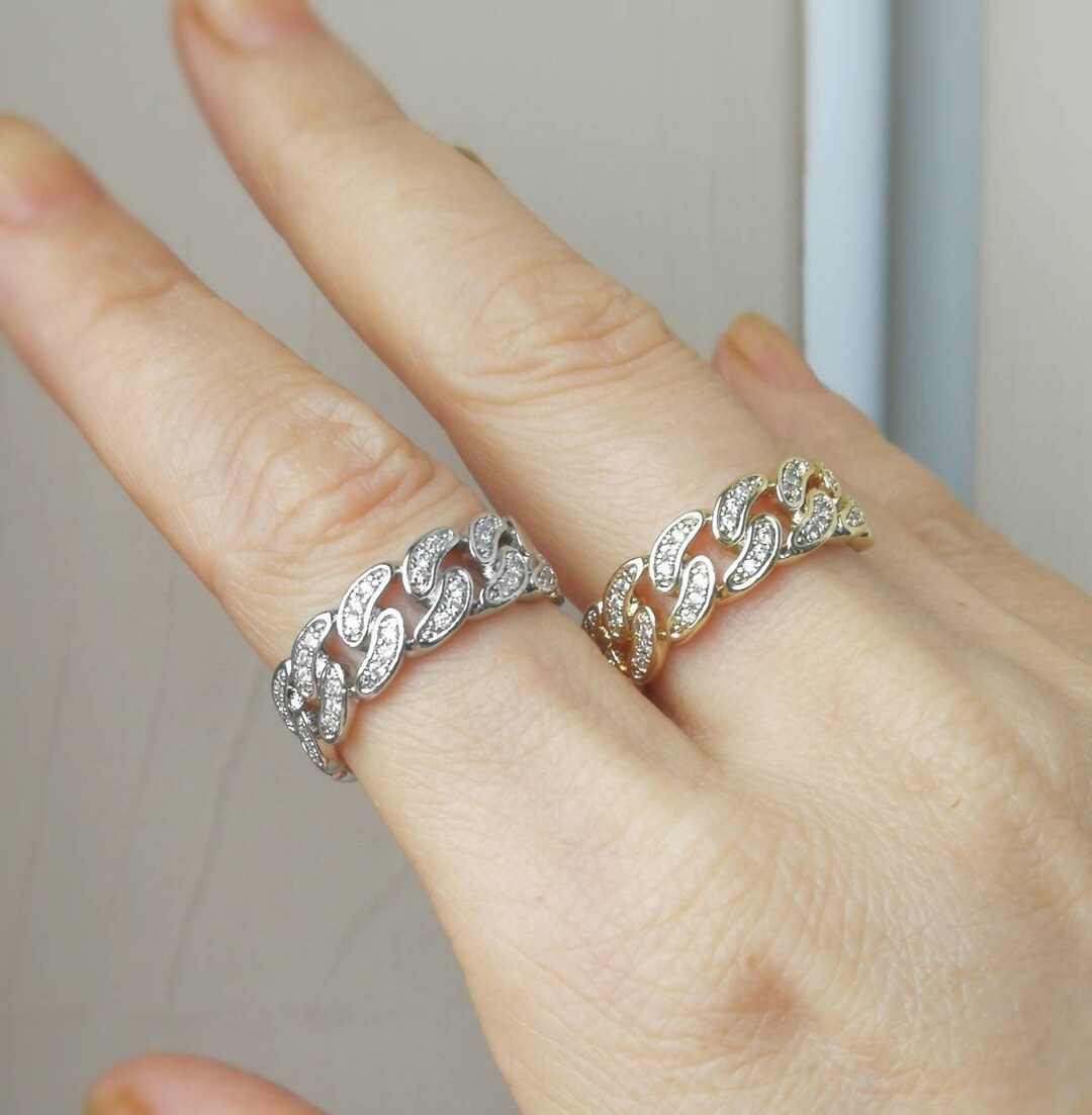 Gold Diamond Curb Chain Ring Silver Rhinestone Thick Cuban - Etsy
