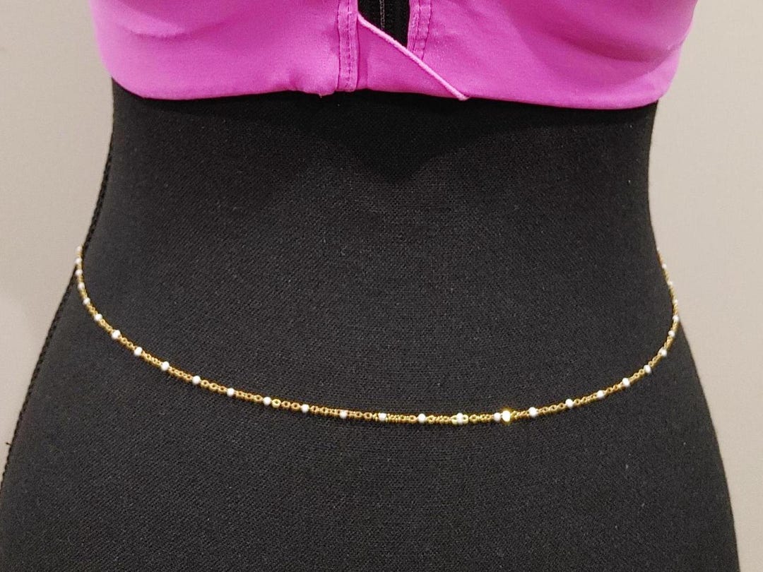 Minimalist Black White Beaded Belly Chain | Gold Stainless Steel Waist ...