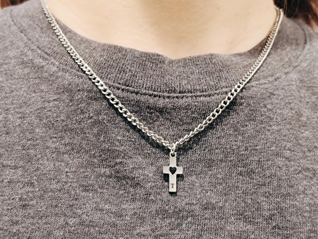 Men Women Faith & Love Cross Initial Necklace | Heart Cut Out ...