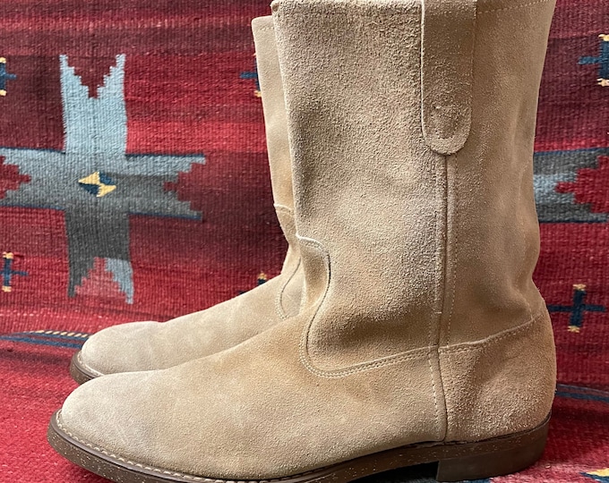 Men's Vintage Beige Suede Texas Steer Ropers Western Ranch Boots Size ...