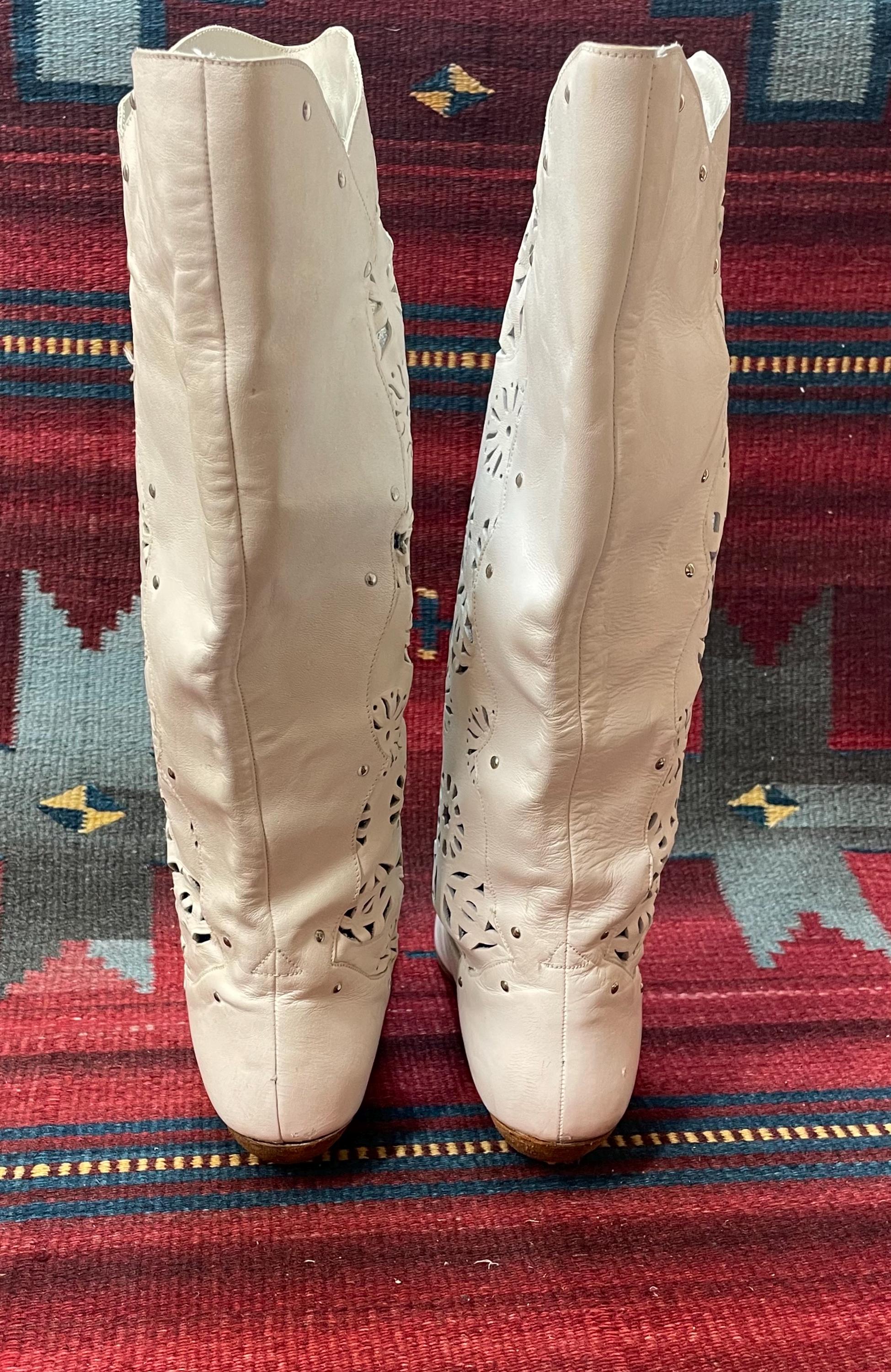 1980’s Vintage Tall Perforated Cut-out Mia White Leather Tall Studded ...