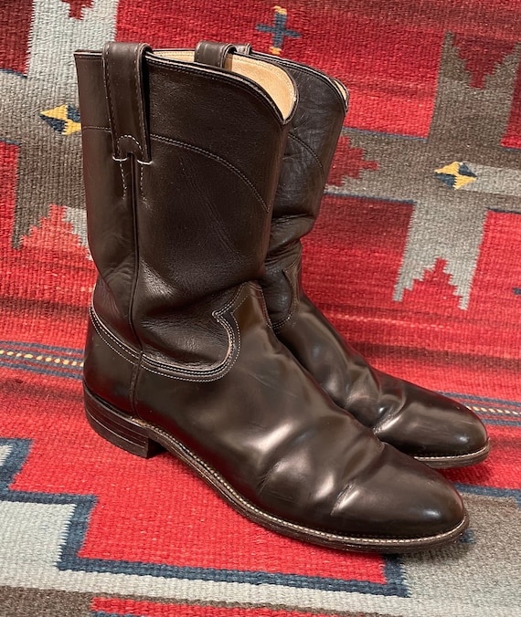 Vintage Justin Mens Leather BLACK Western Roper Boots… - Gem