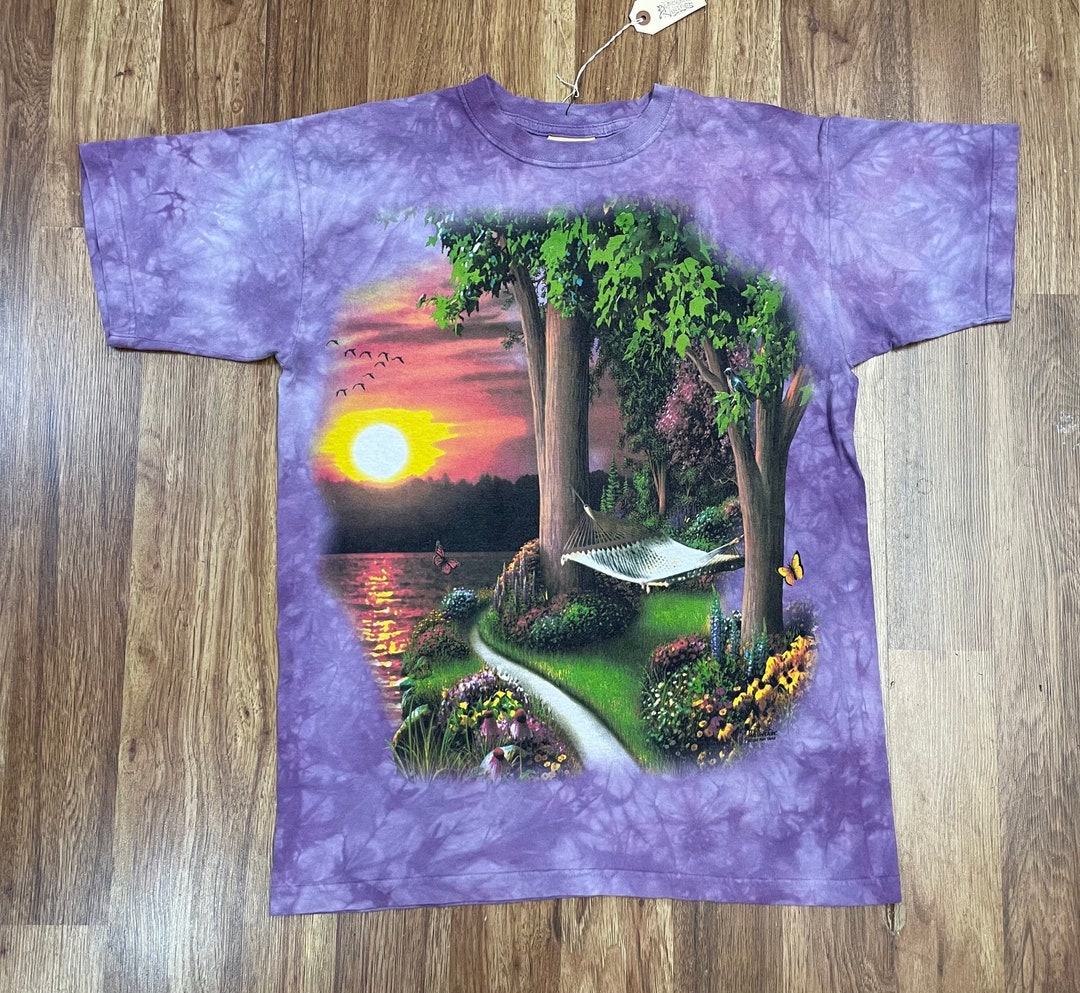 Vintage the Mountain Nature Scene Sunset Lake Hammock Trees Purple T ...
