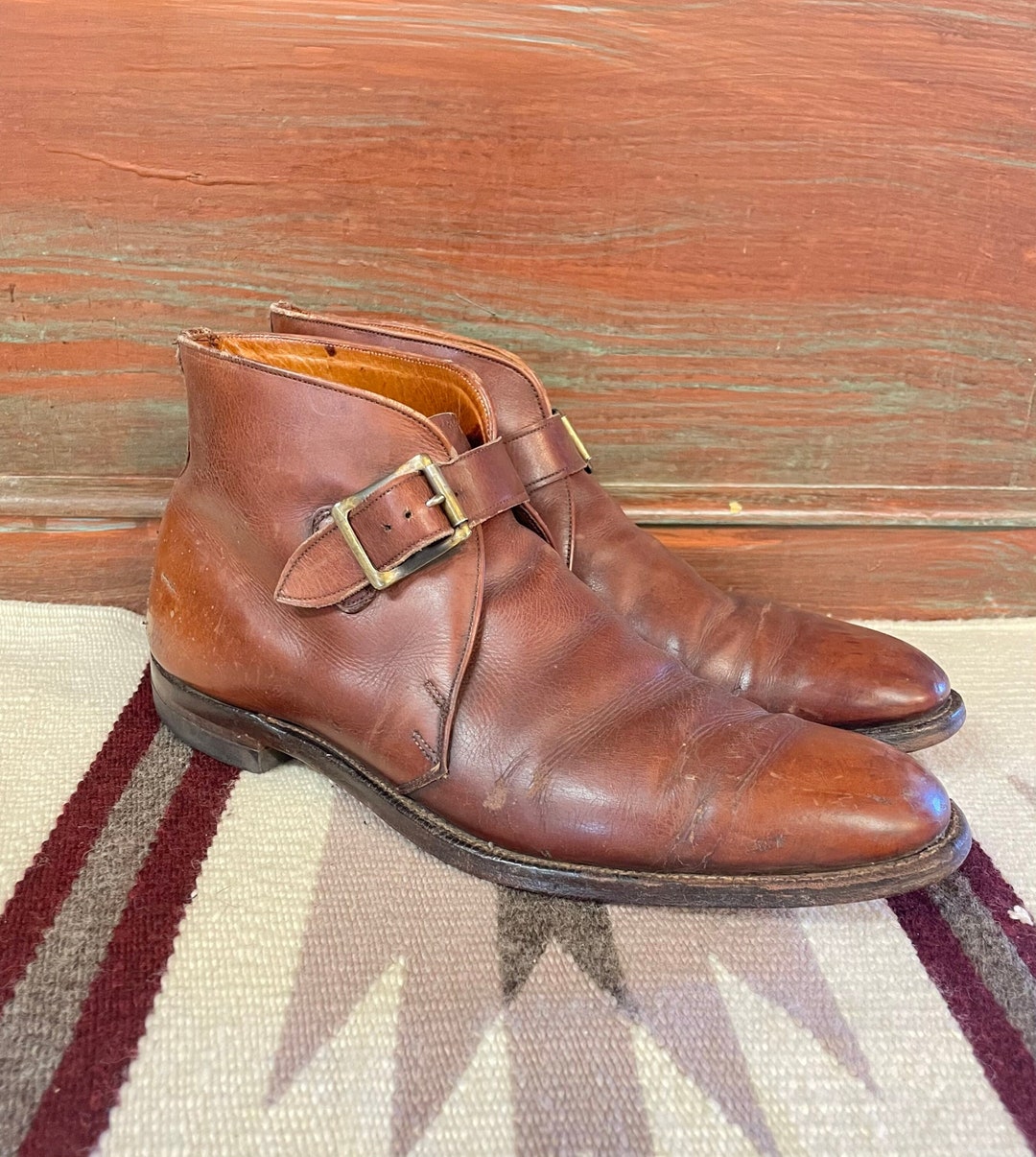 Mens Broken-in and Distressed Brown Leather Buckle Vintage Shoe Boots ...