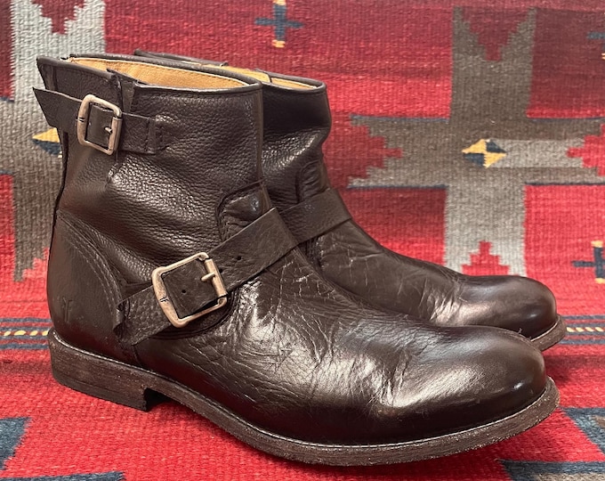 FRYE Black Leather Broken-in Buckle Moto Back Zip Boots Mens Size 10.5 ...