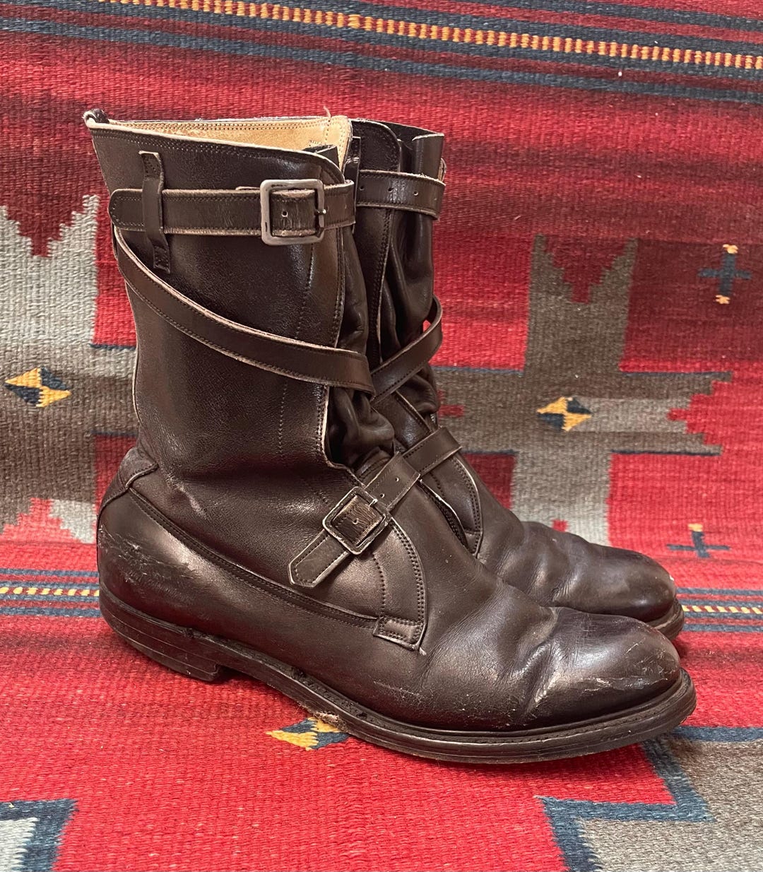 Men's Vintage Dehner Black Leather Strap Tank Tanker Boots Men’s Size 9 ...