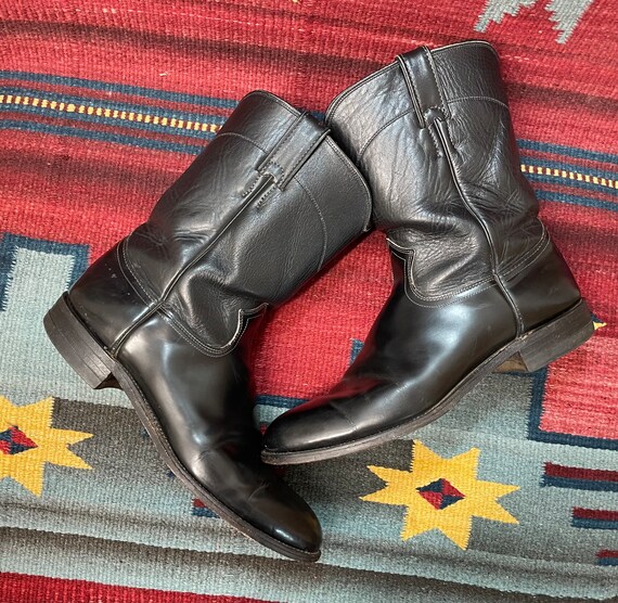 Vintage Justin Mens Leather BLACK Western Roper Boots… - Gem