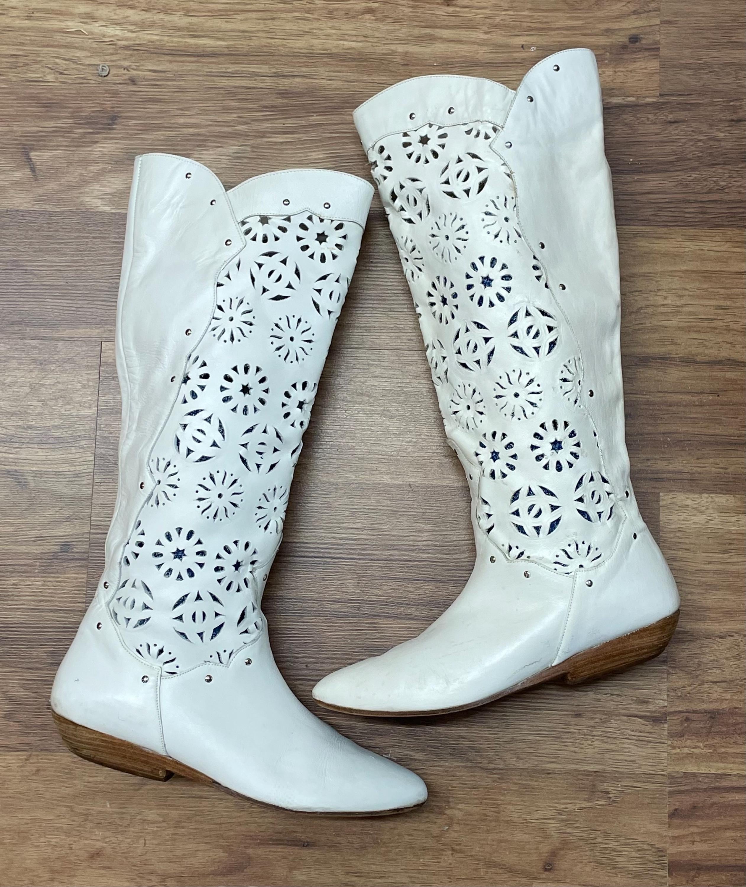1980’s Vintage Tall Perforated Cut-out Mia White Leather Tall Studded ...