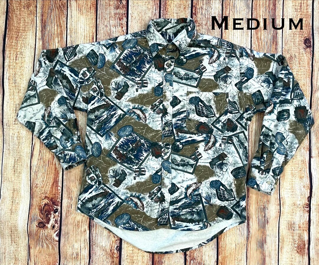 Vintage Fly Fishing Themed Flannel Shirt Mens Size M Outdoors / Camping ...