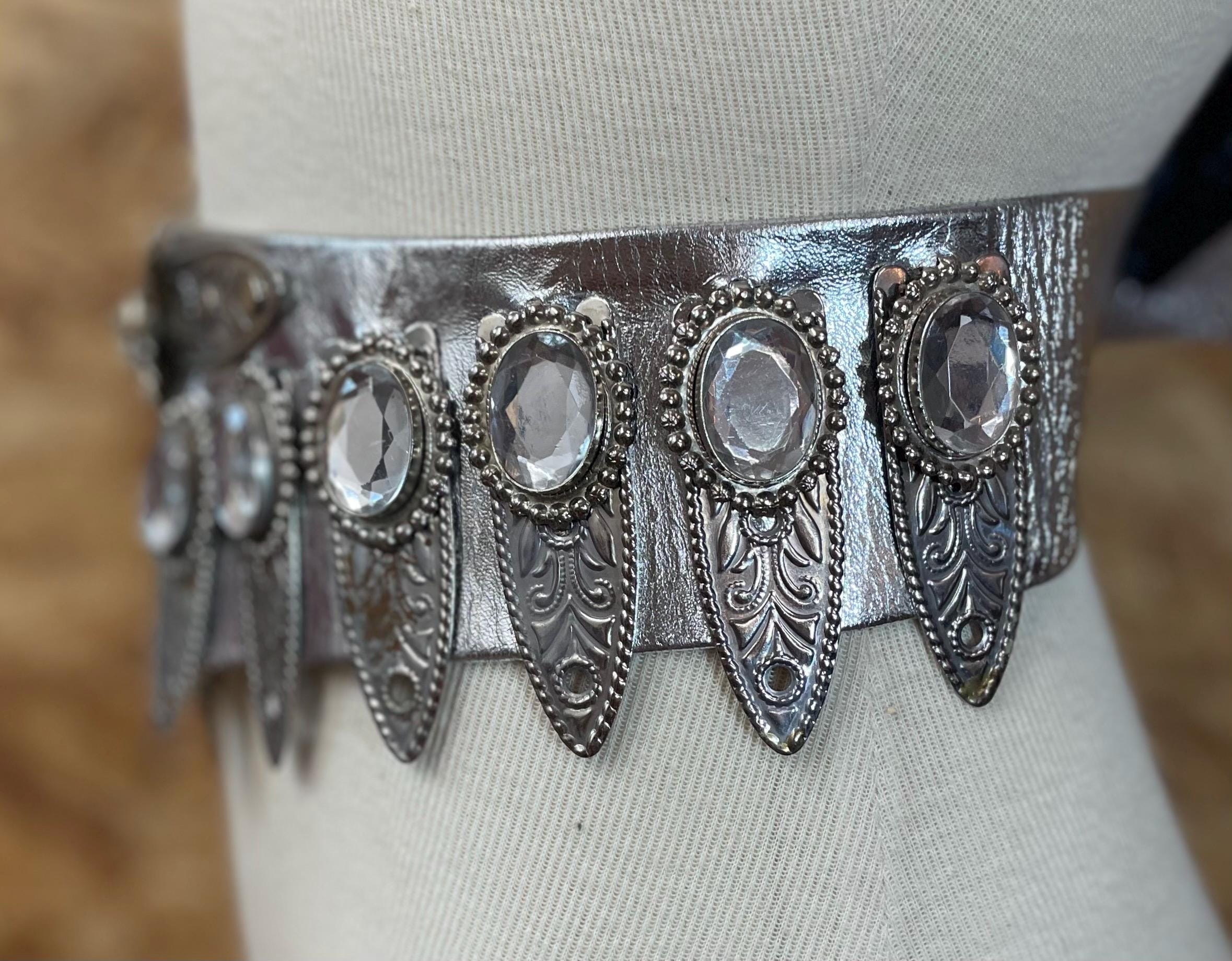 1970’s / 1980’s Leatherock Nina Arjani Silver Leather Bejeweled ...