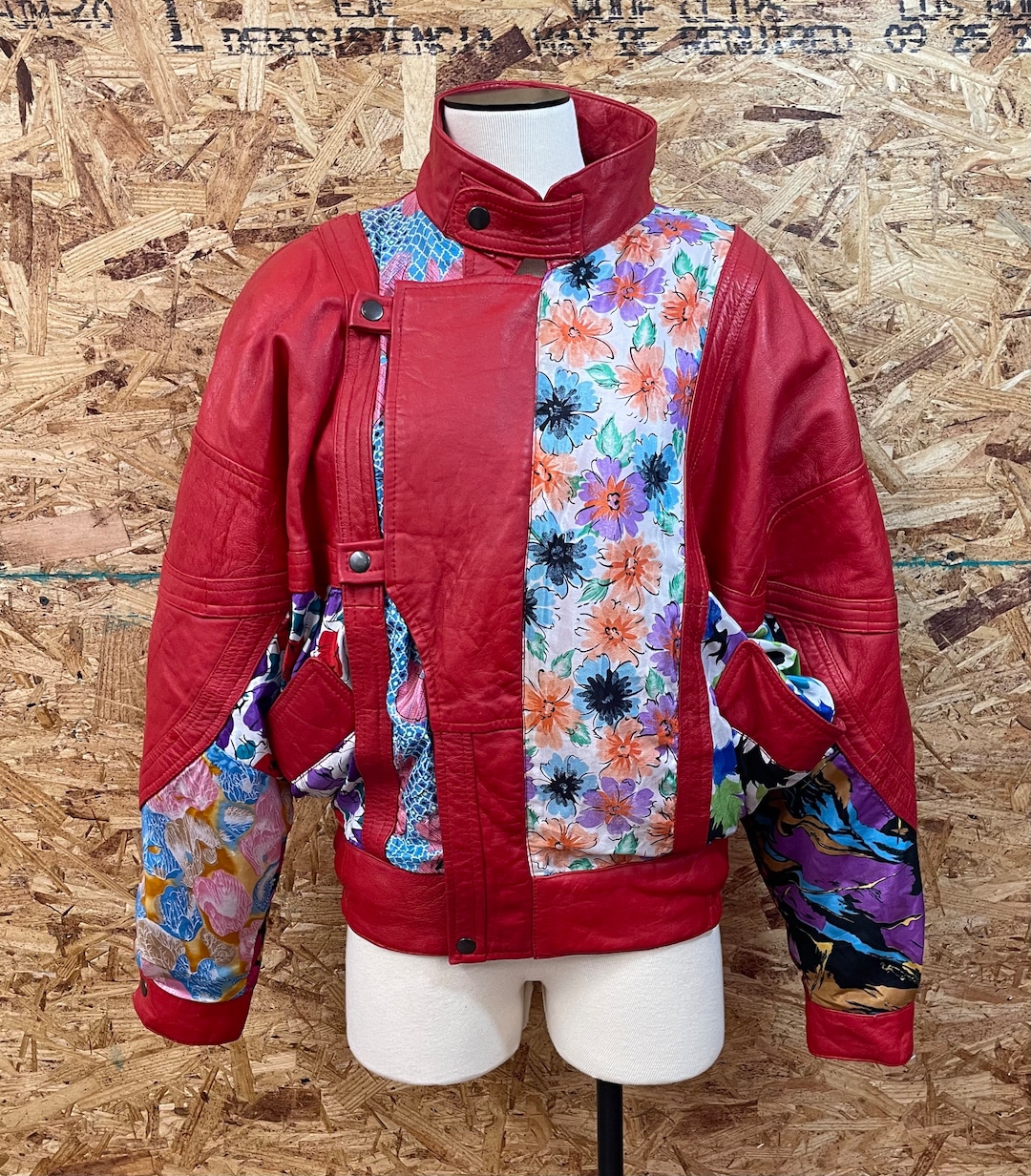 Funky and Unique 1980s Vintage Cherry Red Leather & Patterned Silk ...