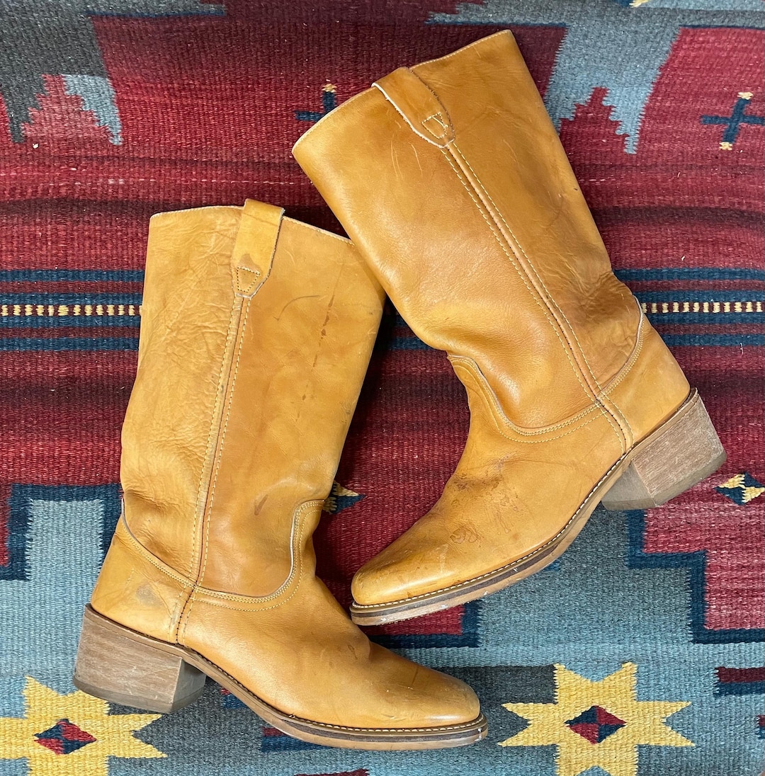 Vintage Dingo Broken-in & Distressed Natural Leather Stacked Block Heel ...
