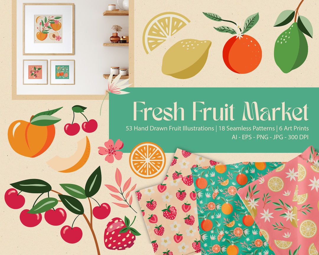 Summer Fruit Clipart - Seamless Patterns Digital Art Prints Vector ...
