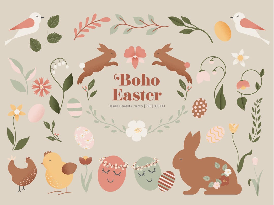 Boho Easter Clipart - Vector - PNG - 300 DPI - Etsy