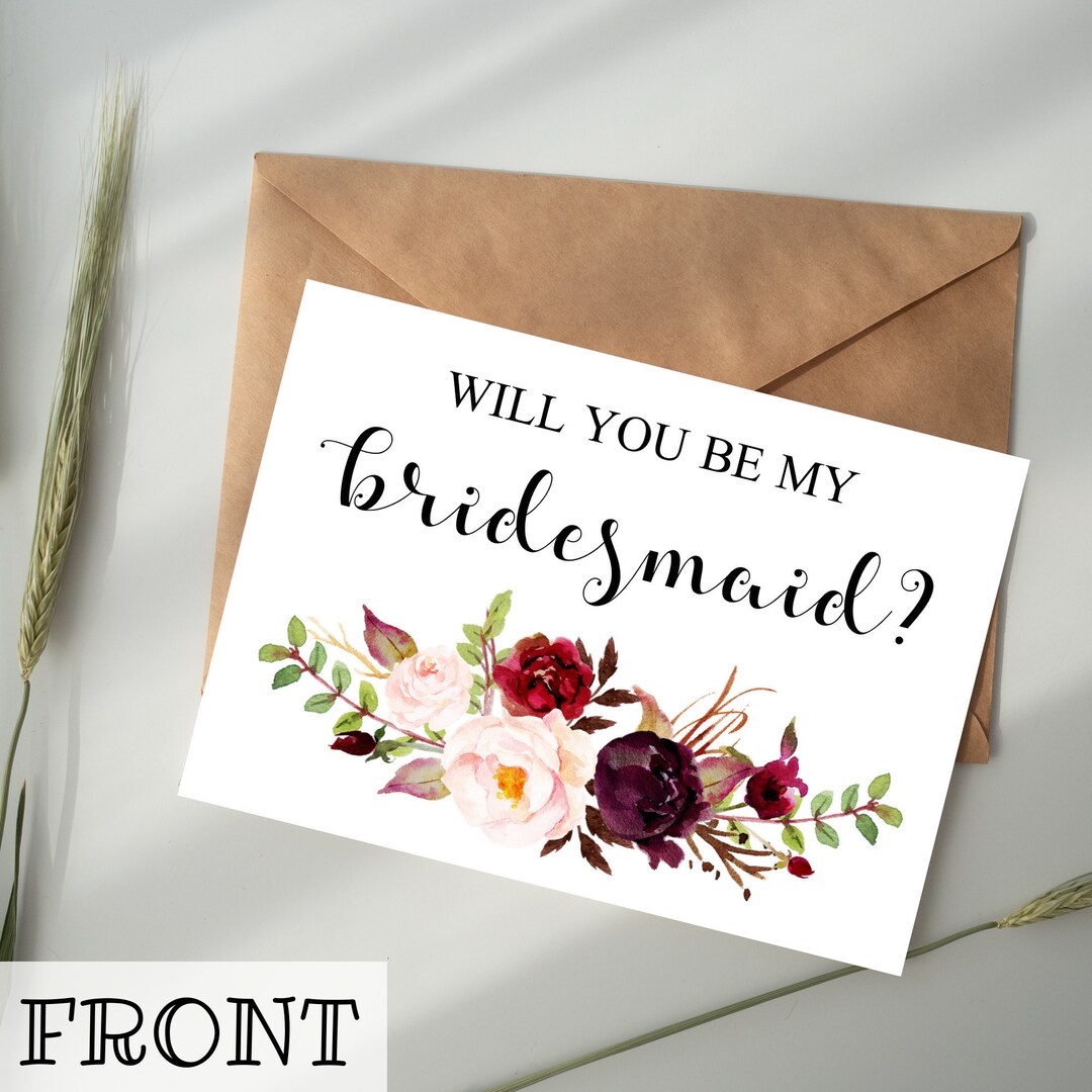 Bridesmaid Proposal Card | Printable, Burgundy Watercolor Floral ...