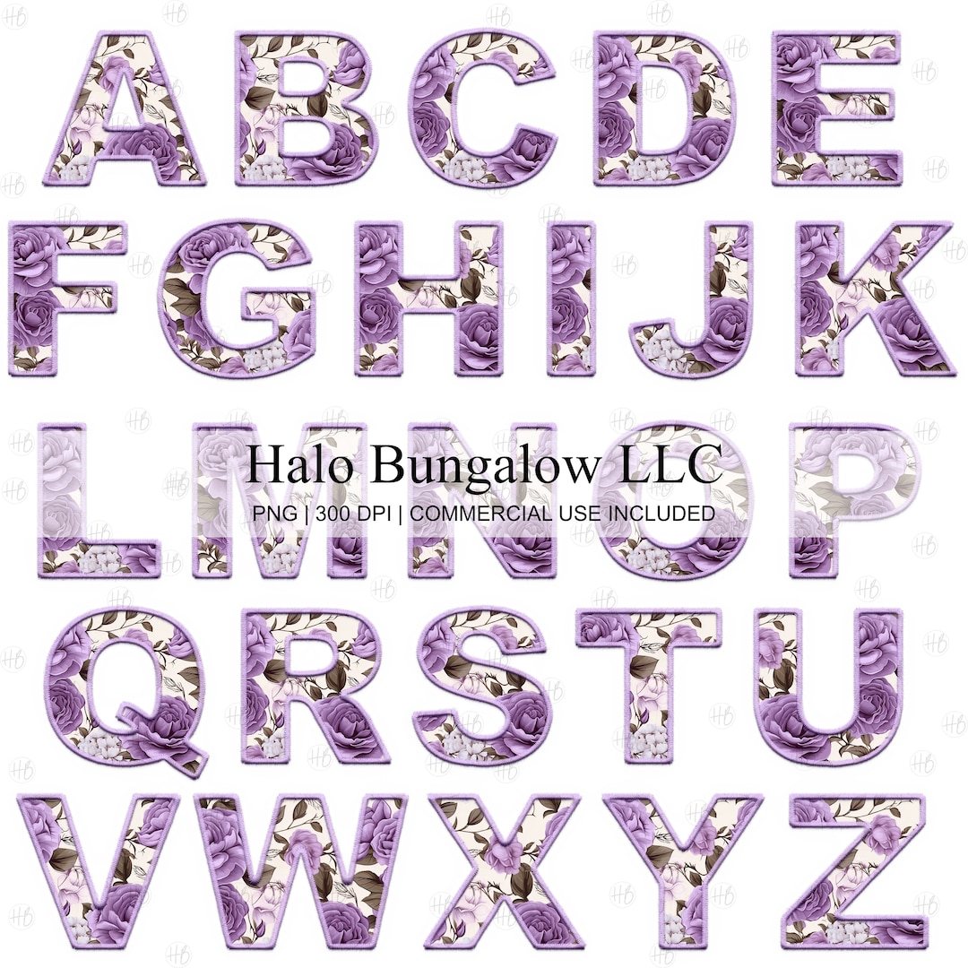 Faux Embroidered PNG Alphabet Set, Purple Floral Alphabet, Stitched ...