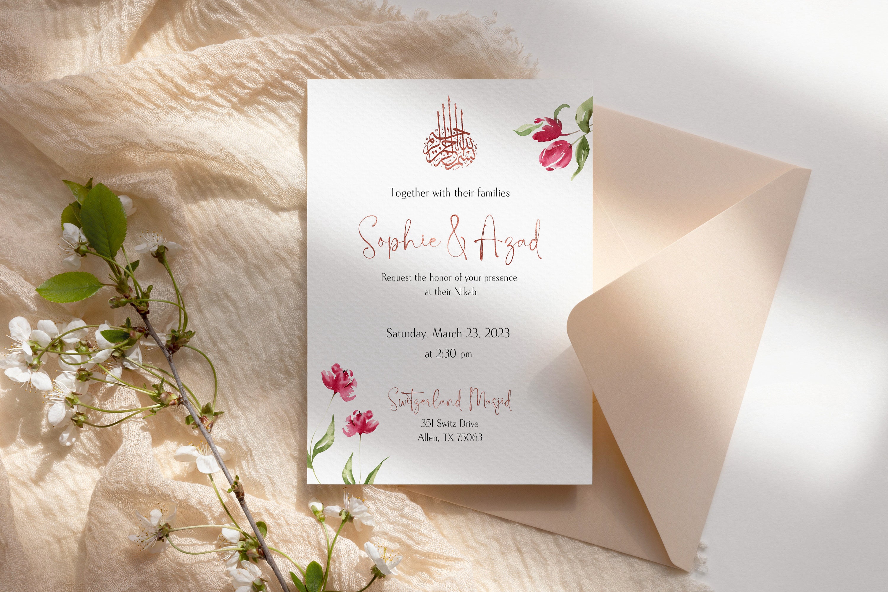 Nikah Wedding Custom Card, Tulips, Elegant, Simple, Invitation, Baraat ...