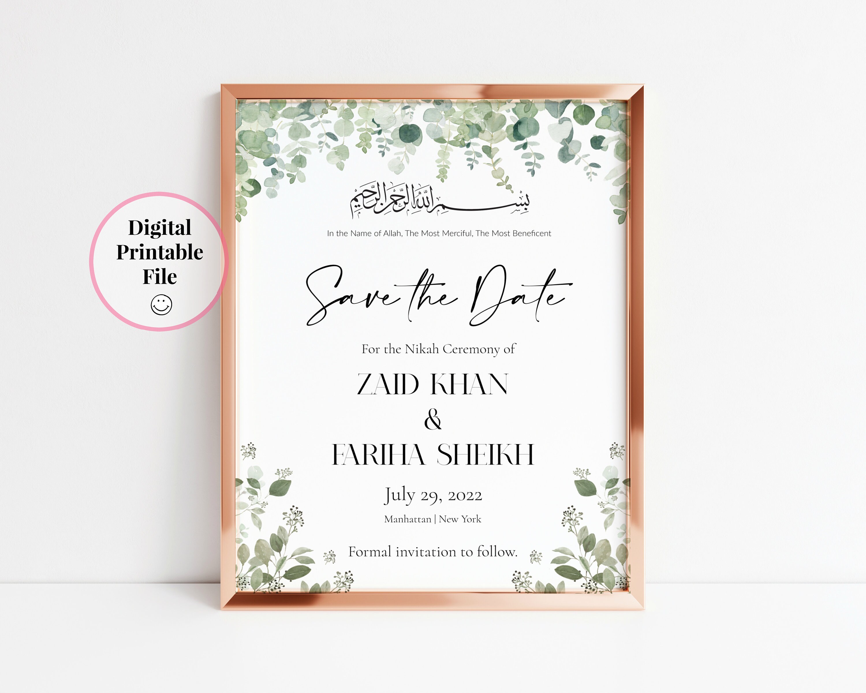 Save the Date. Islamic. Nikah. Green Eucalyptus. Black Font. DIGITAL - Etsy