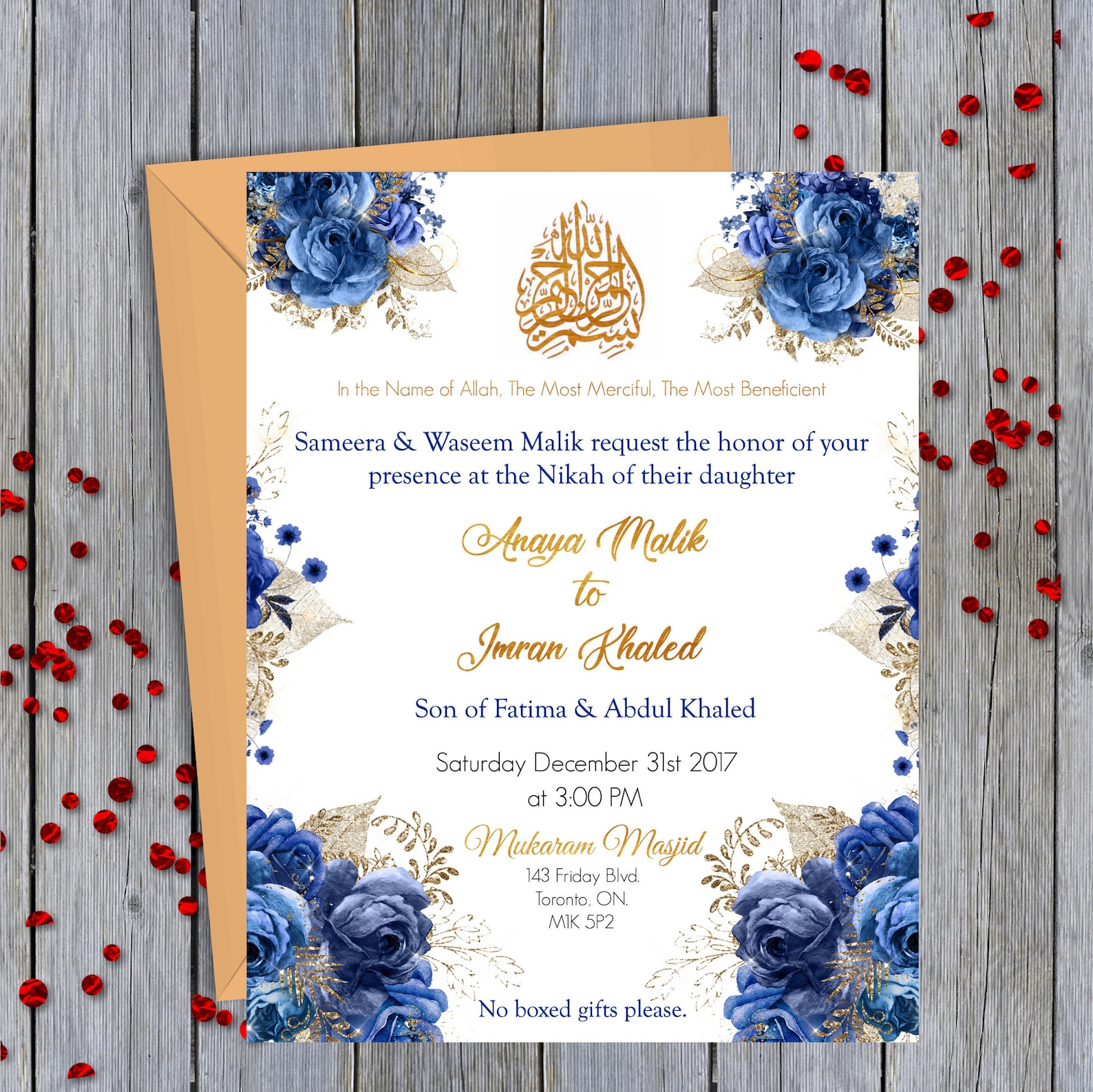 Nikah Islamic Wedding Card. Blue Flowers. Gold. E-card. | Etsy