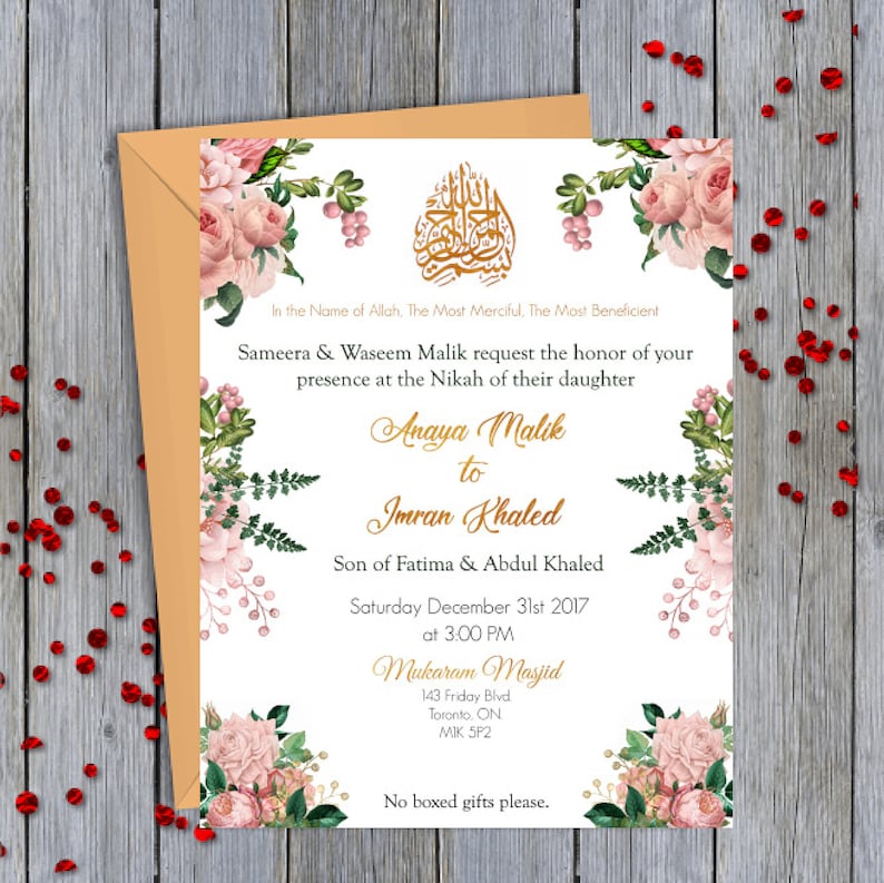 Digital Nikah Card. Pink and Green Floral. Gold Foil. Islamic. | Etsy