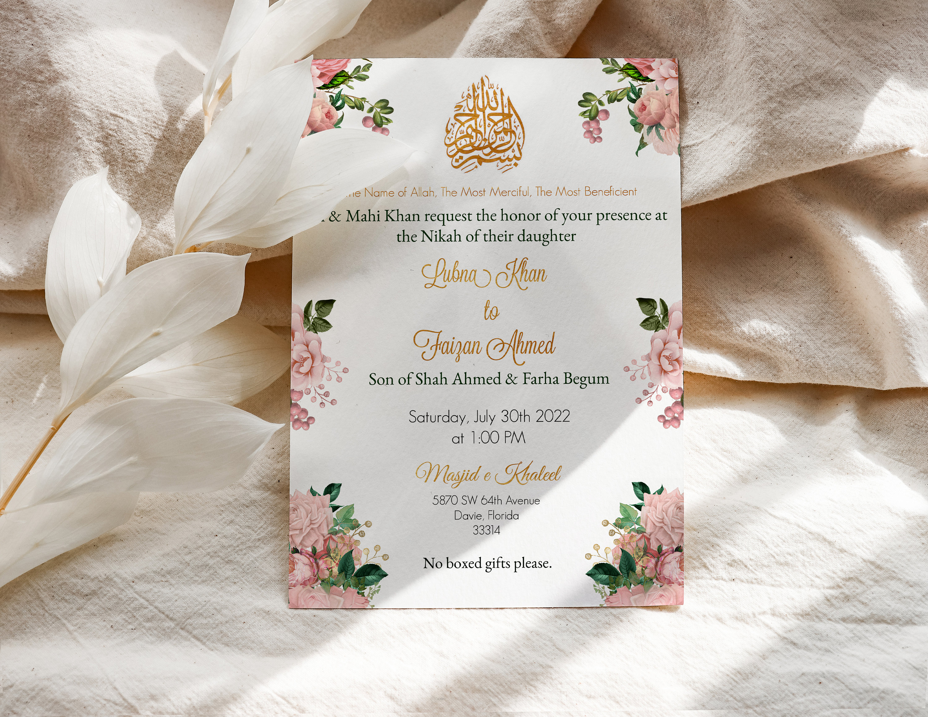 Digital Nikah Card. Pink and Green Floral. Gold Foil. Islamic. - Etsy