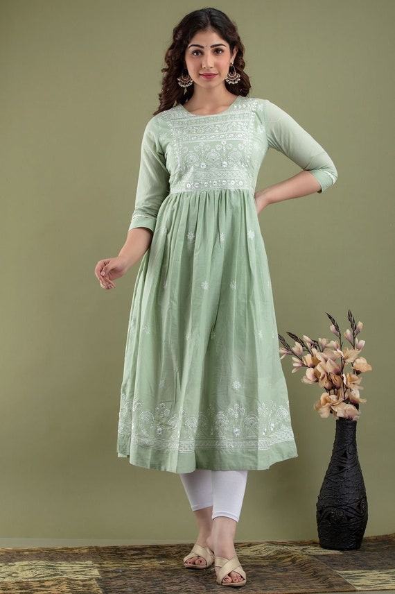 Olive Green Muslin Malmal Embroidered Kurta for Woman With - Etsy