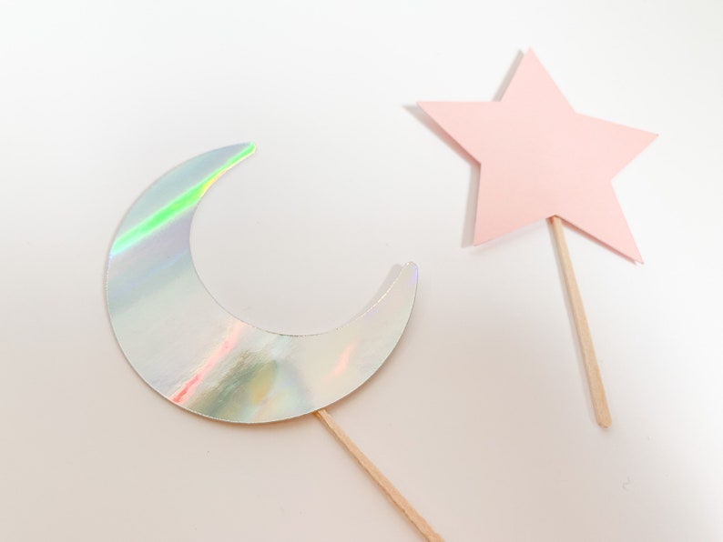 Holographic moon cupcake toppers pink star cupcake toppers | Etsy