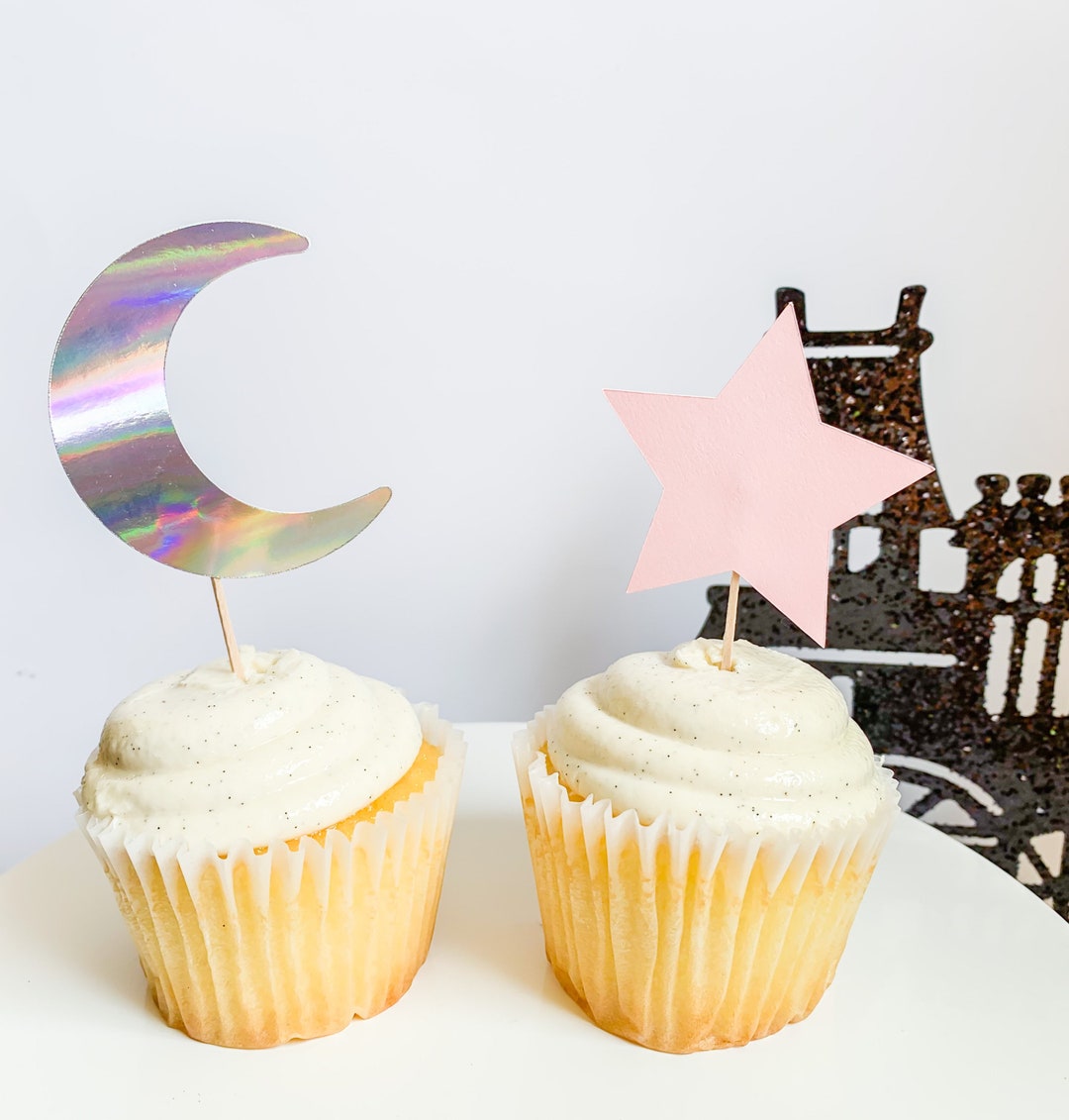 Holographic Moon Cupcake Toppers, Pink Star Cupcake Toppers, Crescent ...