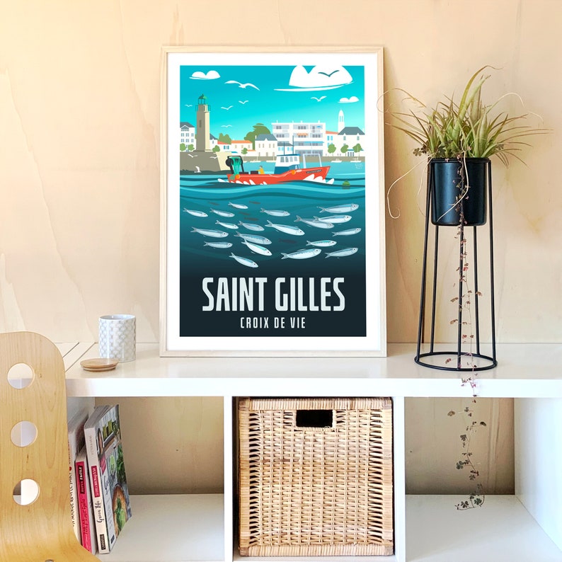 Affiche St Gilles, Poster port Saint Gilles Croix de vie, Affiche Côte Atlantique, Illustration ...