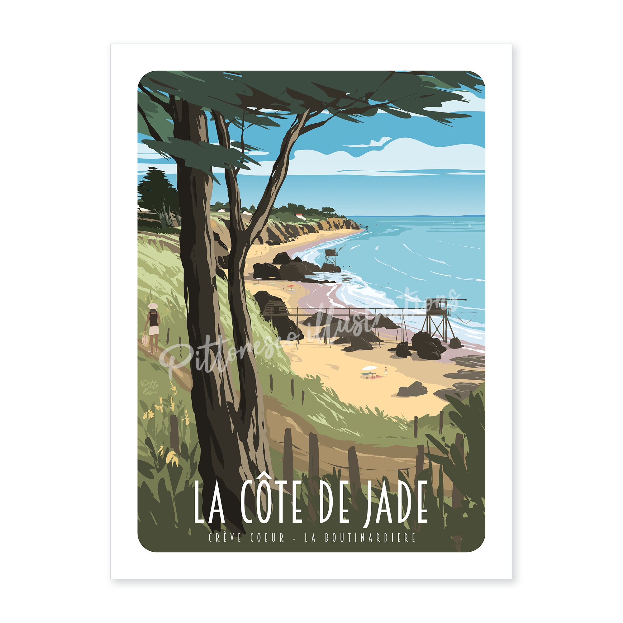 Illustration Cote De Jade, Atlantic Coast Beach Poster, La Bernerie En ...