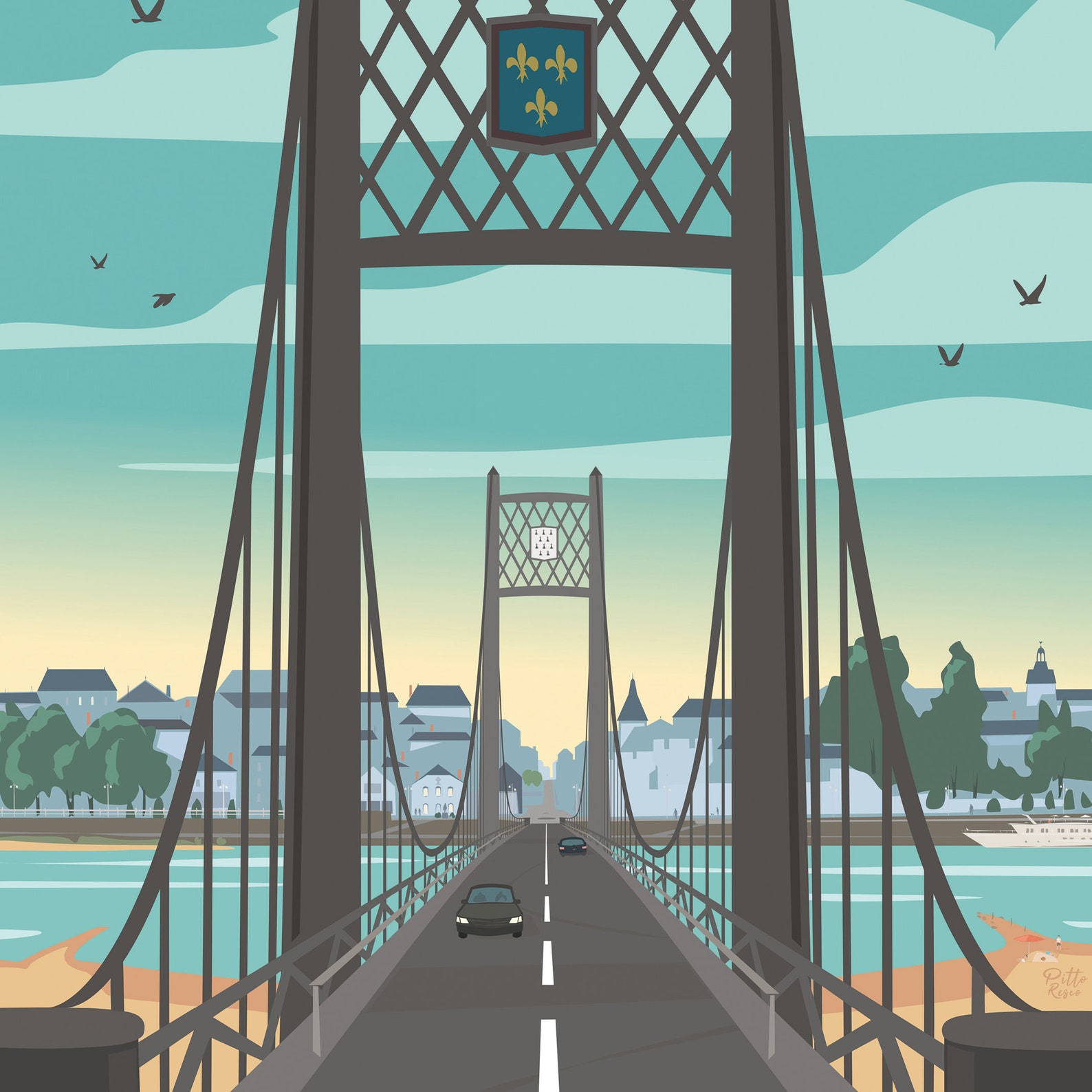 Illustration Ancenis, Poster pont d'Ancenis, Affiche ville France ...