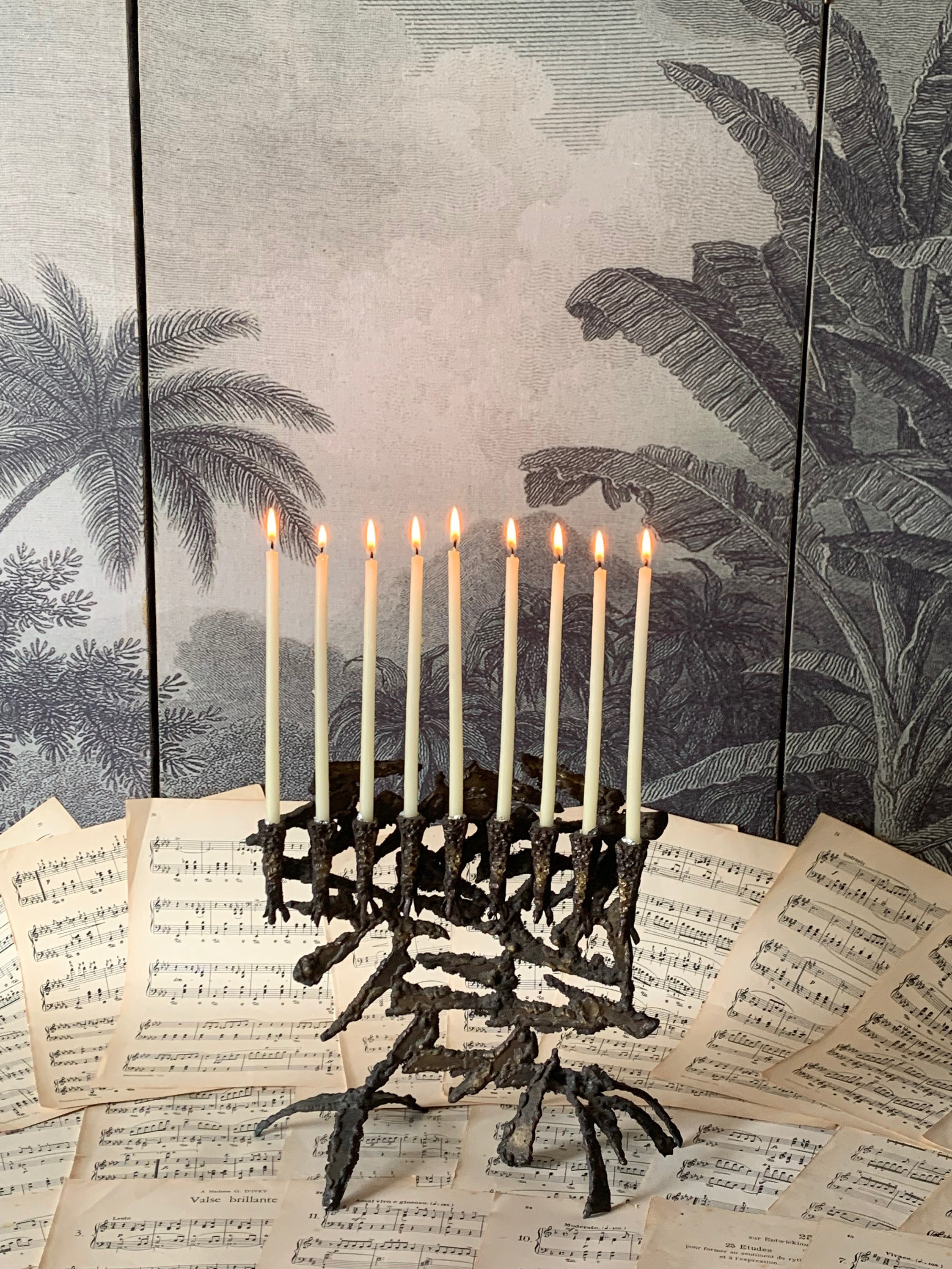 Large Brutalist Hand-forged Iron Menorah in the Style of David Palombo ...