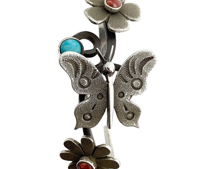 REBECCA BEGAY Tufa Cast Dragonfly Sterling Silver Coral TURQUOISE Cuff ...