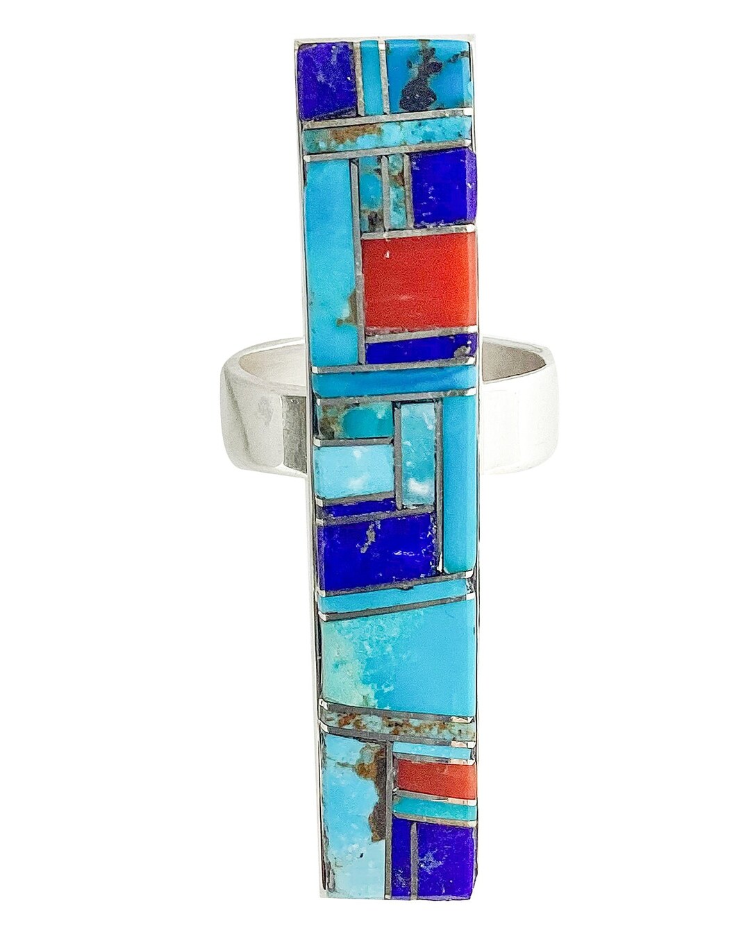 Edward Becenti, Inlay Ring, Coral, Lapis, Turquoise, Navajo Handmade, 8 ...