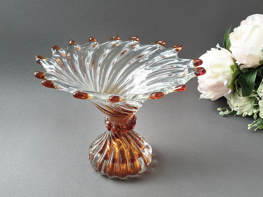 RARE Pedestal Glass Fruit Bowl, Vintage Bowl, Hand Blown Glass Bowl ...