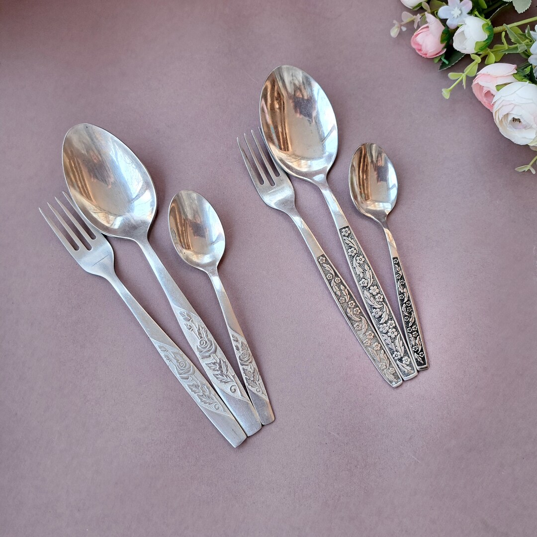 Set of Table Spoon, Fork and Tea Spoon, Vintage Tableware, Metal ...