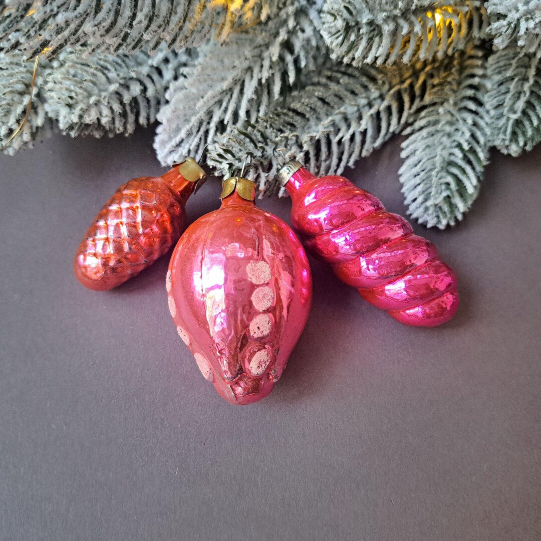 Pink Glass Ornaments Christmas Vintage Tree Decoration 3 Pcs Retro ...