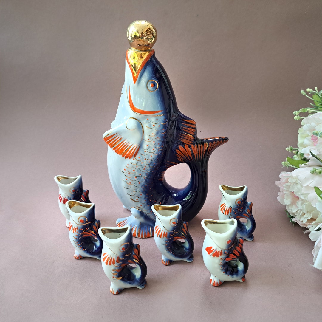 Set for Drinking Fish Vintage Glasses Decorative Decanter and 6 Shot ...
