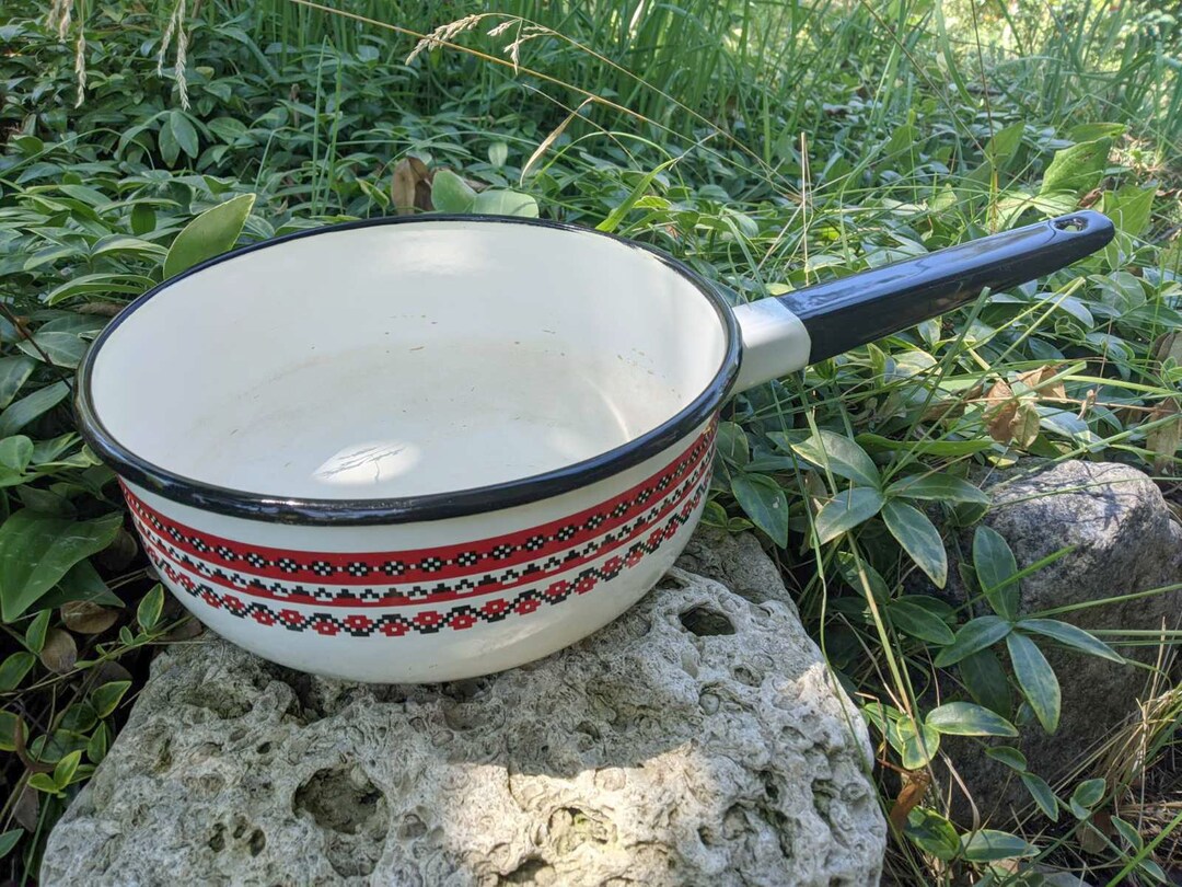 Vintage Enameled Bowl With Handle Metal Ladle Ukrainian Ornament ...